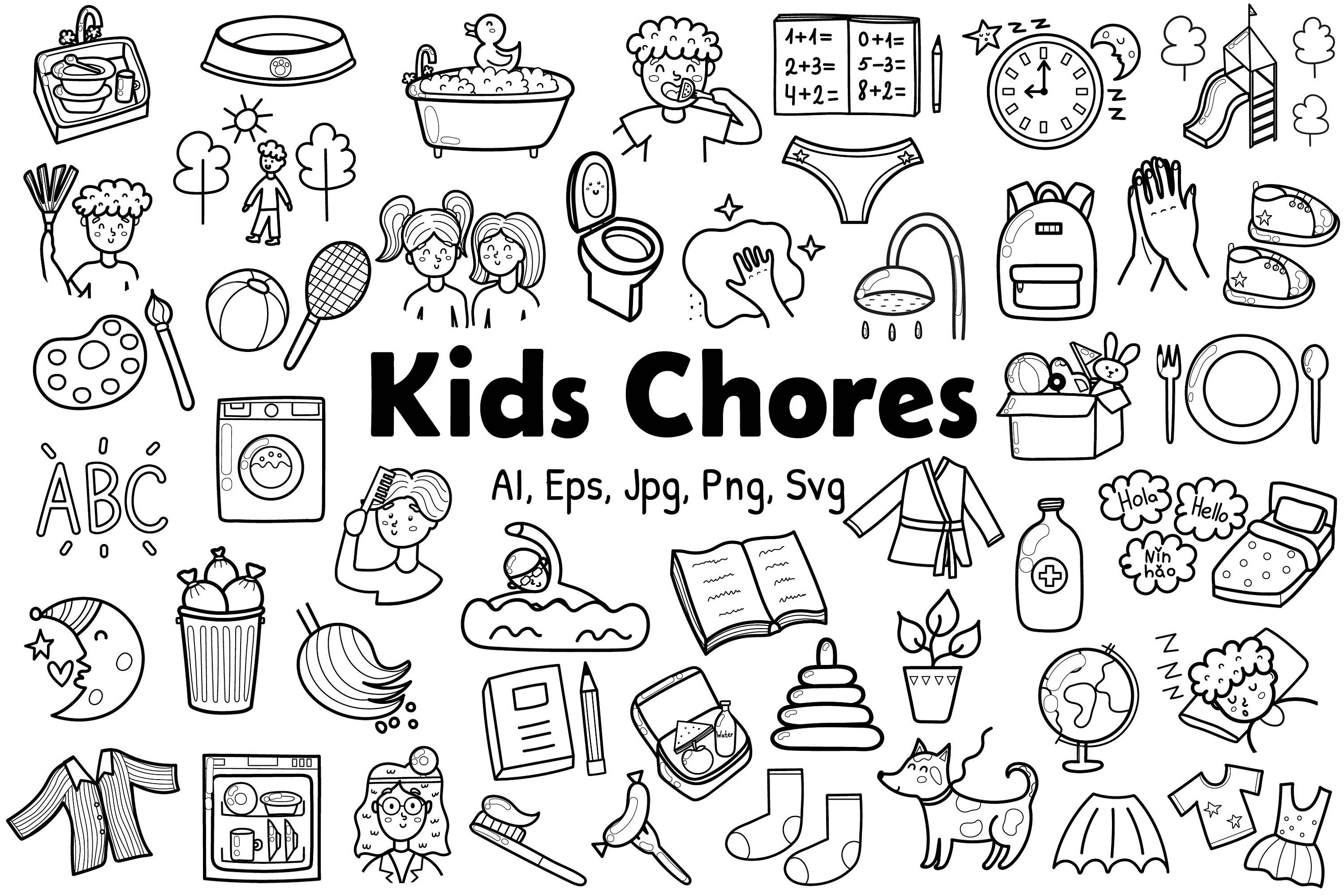 Kids Chores Clipart, Daily Routine Icons in Color and in Outline, chore ...