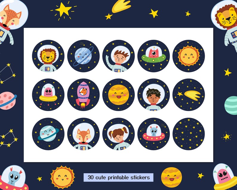 Space Stickers Printable Pdf Space Cupcake Toppers Circle - Etsy