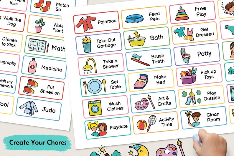 Kids Chores Clipart, Daily Routine Icons in Color and in Outline, chore ...