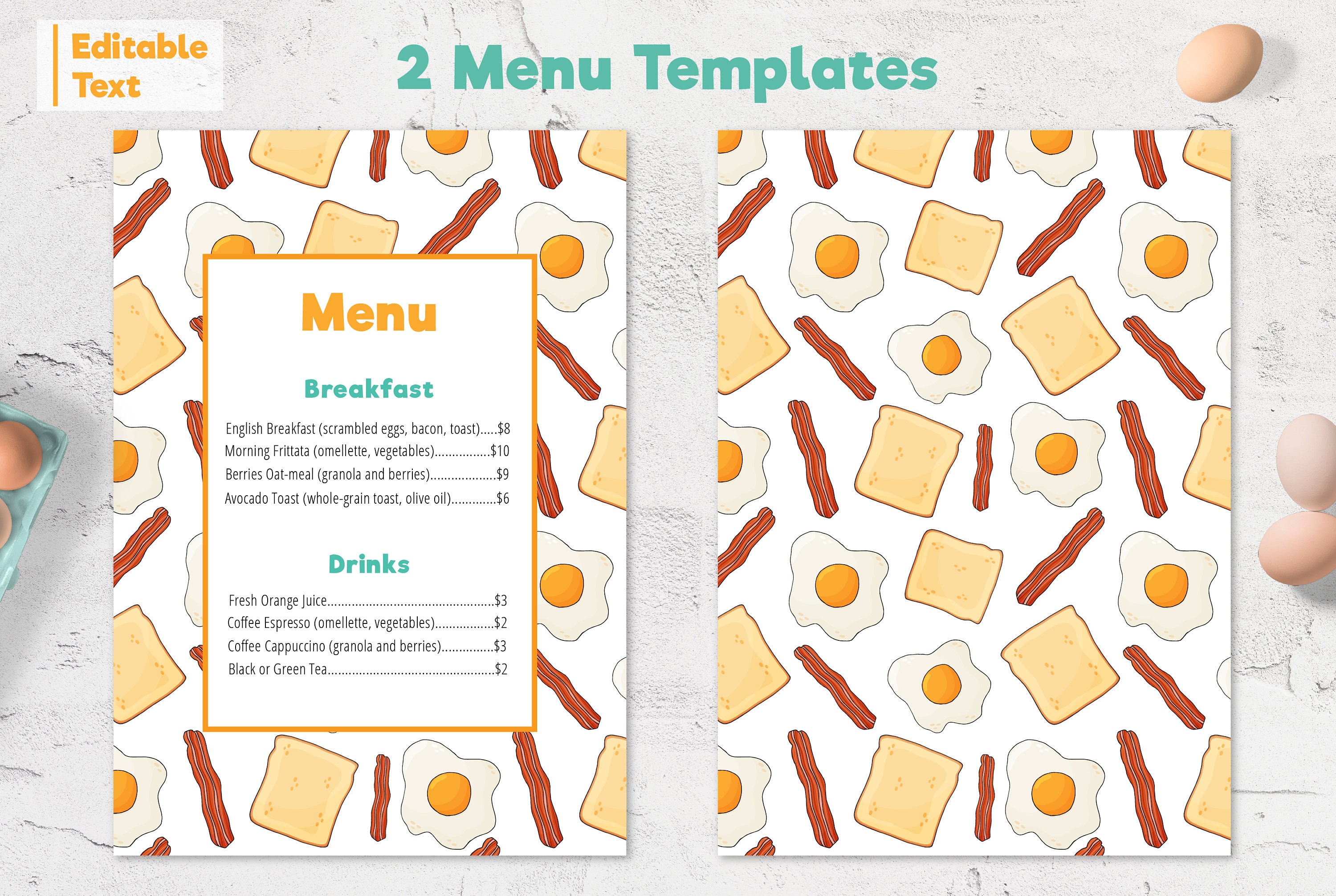 Fried Eggs Digital Paper and Clipart / Food Seamless Patterns, Menu ...