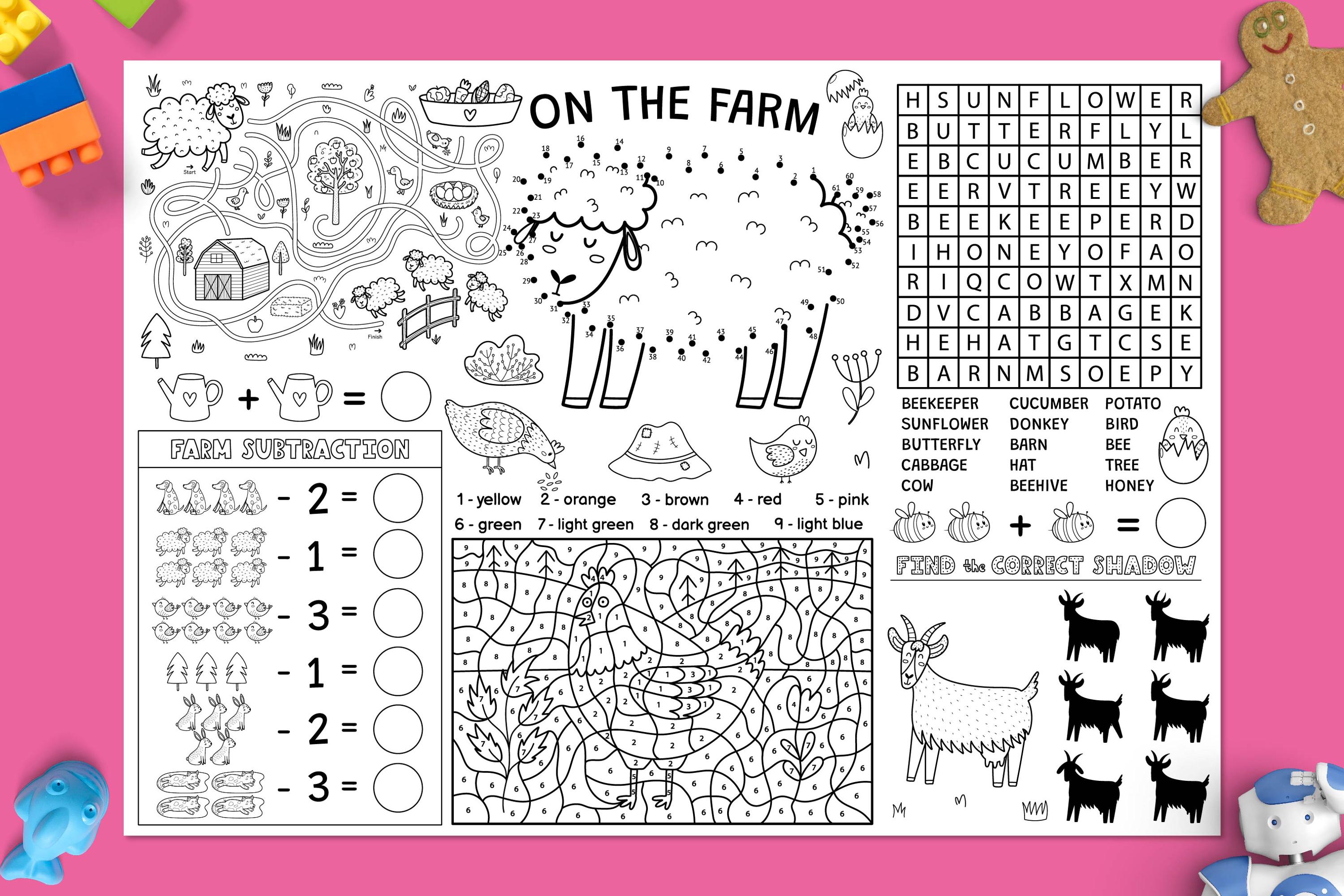 Farm Activity Placemats DIGITAL, on the Farm Coloring Activity Mats ...