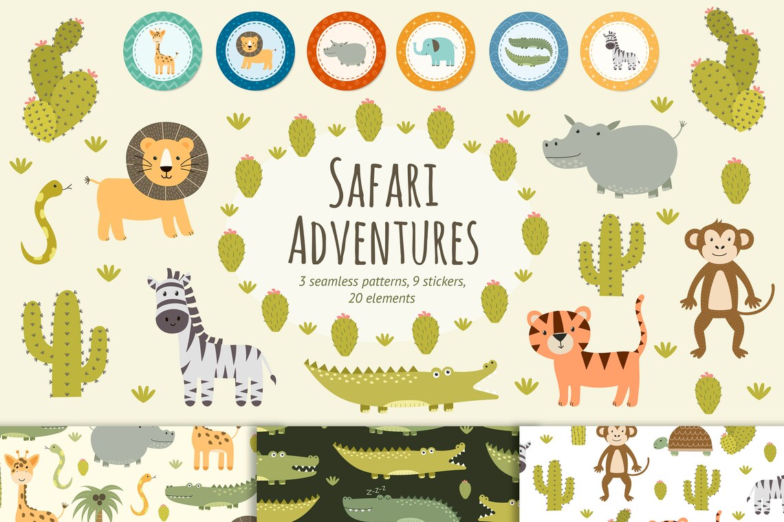 Jungle Animals Clipart and Digital Paper / Safari Animals Stickers ...