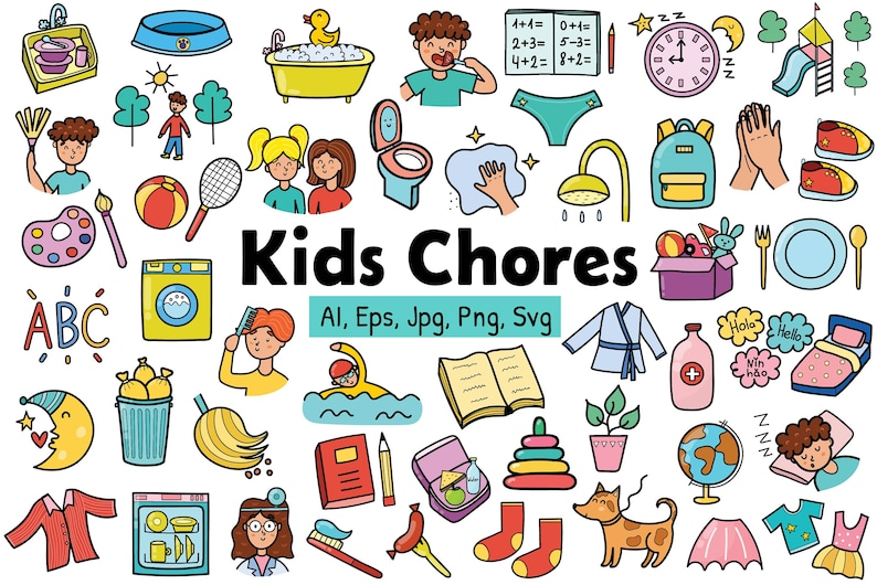 Kids Chores Clipart, Daily Routine Icons in Color and in Outline, chore ...