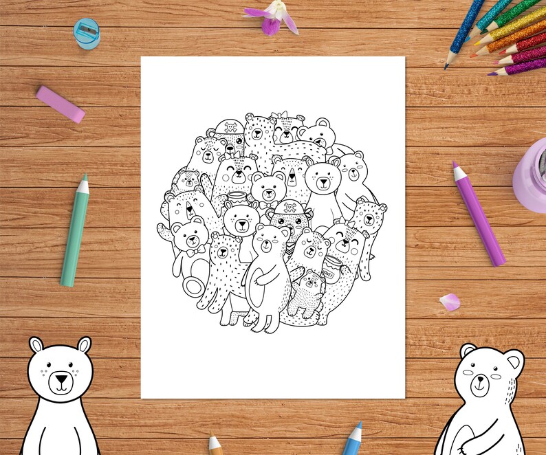 Bear Coloring Pages Doodle Coloring Book Bear Forest - Etsy