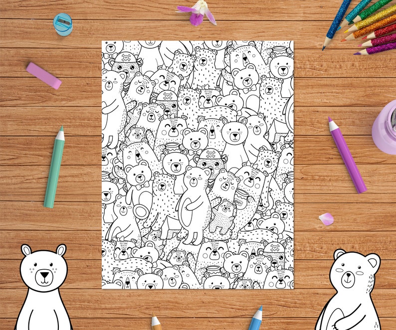 Bear Coloring Pages Doodle Coloring Book Bear Forest - Etsy