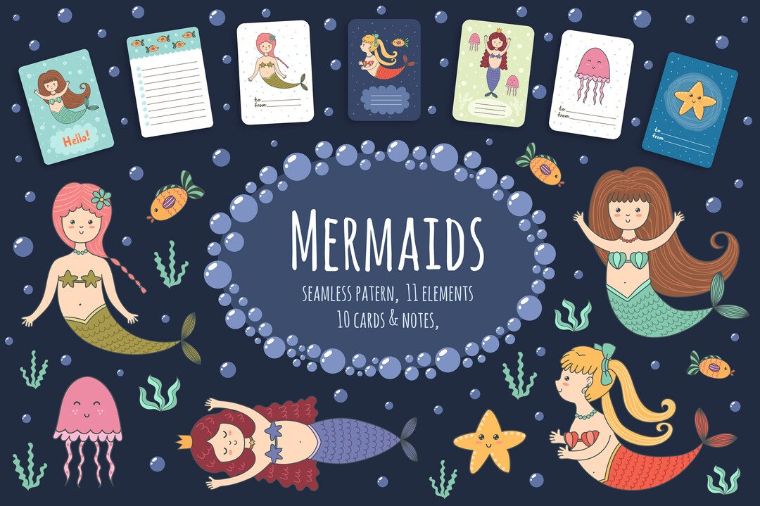 Mermaids Clipart and Digital Paper Collection / Png, Jpeg, Eps, Ai ...