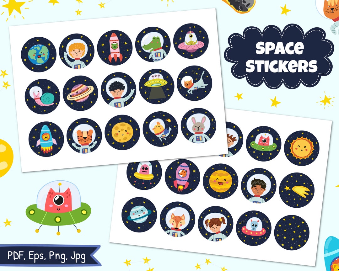 Space Stickers Printable Pdf, Space Cupcake Toppers, Circle Stickers ...