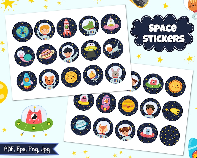 Space Stickers Printable Pdf Space Cupcake Toppers Circle - Etsy