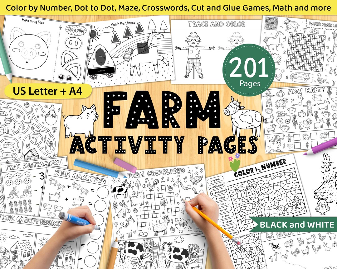 Farm Activity Book Bundle Printable, Black and White on the Farm ...