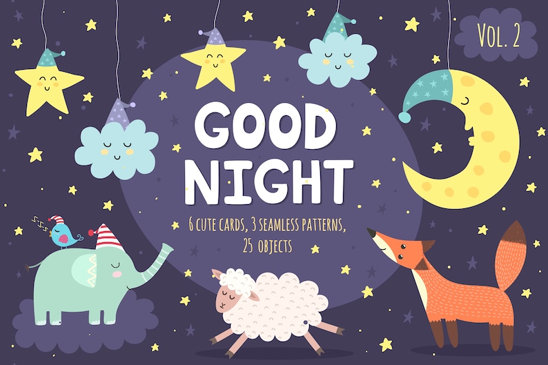 Good Night Clipart and Digital Paper - Sweet Dreams Seamless Patterns ...