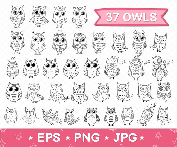 Owls Clipart Bundle Png Eps Jpg Black and White Owls Package | Etsy
