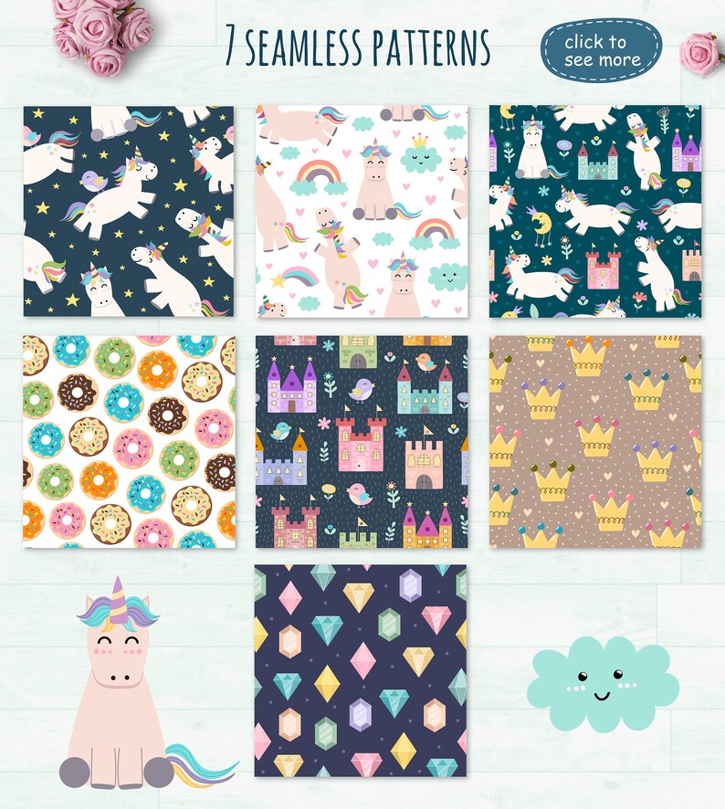 Unicorns Digital Paper and Clipart Cute Unicorns Seamless - Etsy