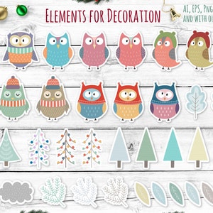 Winter Owls Christmas Clipart / Digital Paper/ Printable Cards Stickers ...