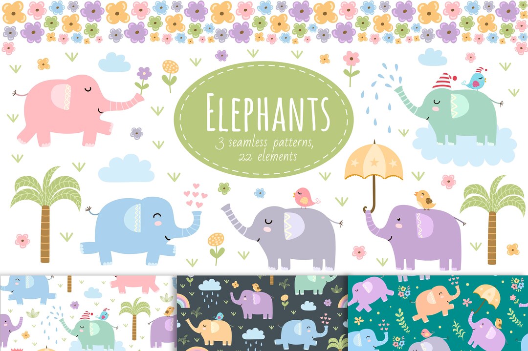 Elephants Clipart and Digital Paper / Animals Clipart and Seamless ...