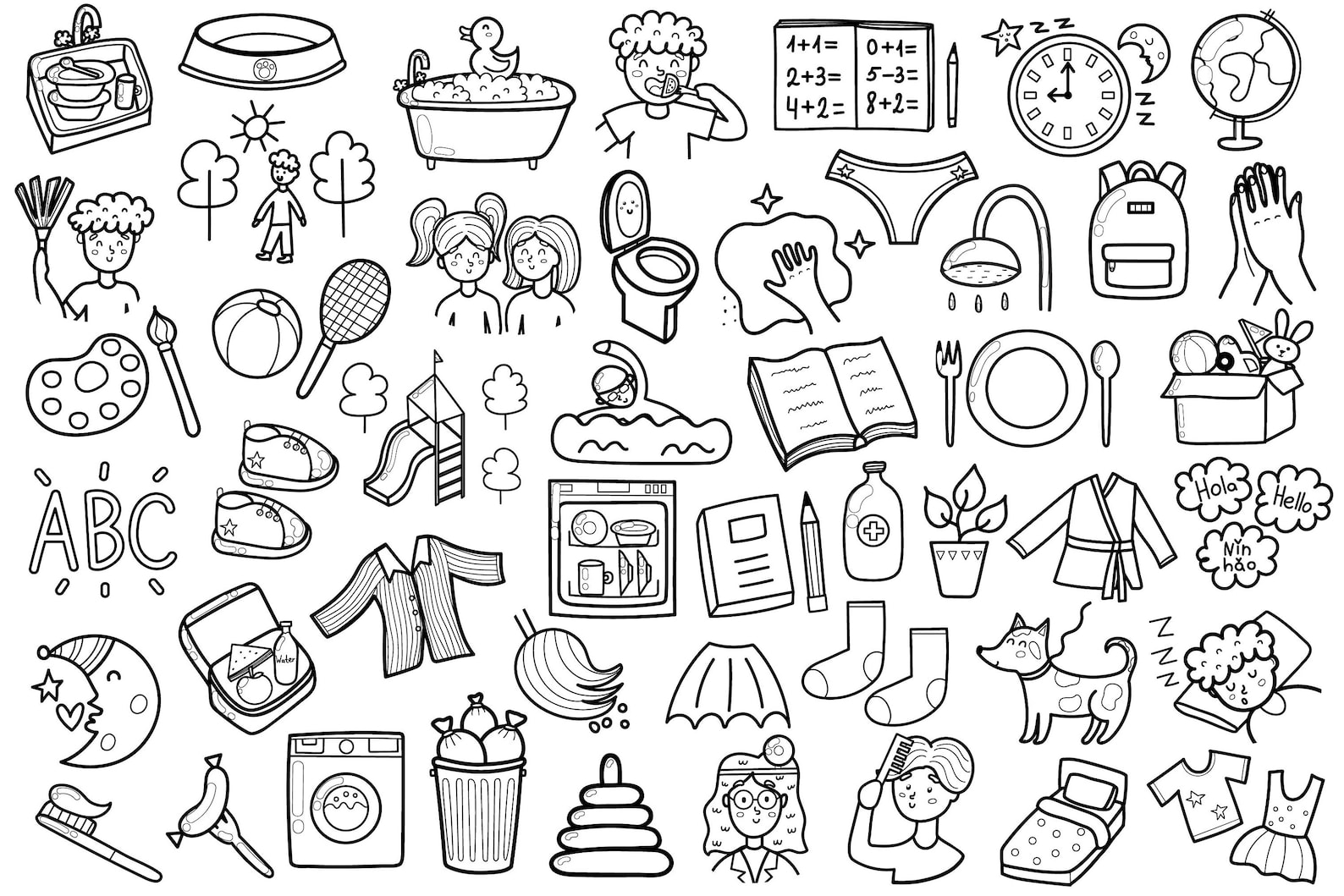 Kids Chores Clipart, Daily Routine Icons in Color and in Outline, chore ...