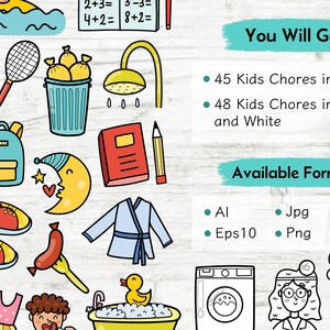 Kids Chores Clipart, Daily Routine Icons in Color and in Outline, chore ...