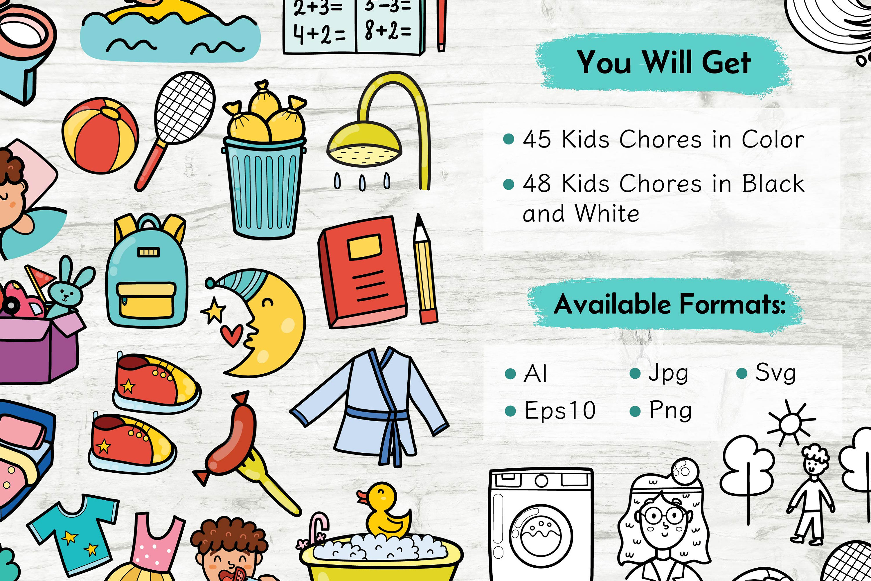 Kids Chores Clipart, Daily Routine Icons in Color and in Outline, chore ...