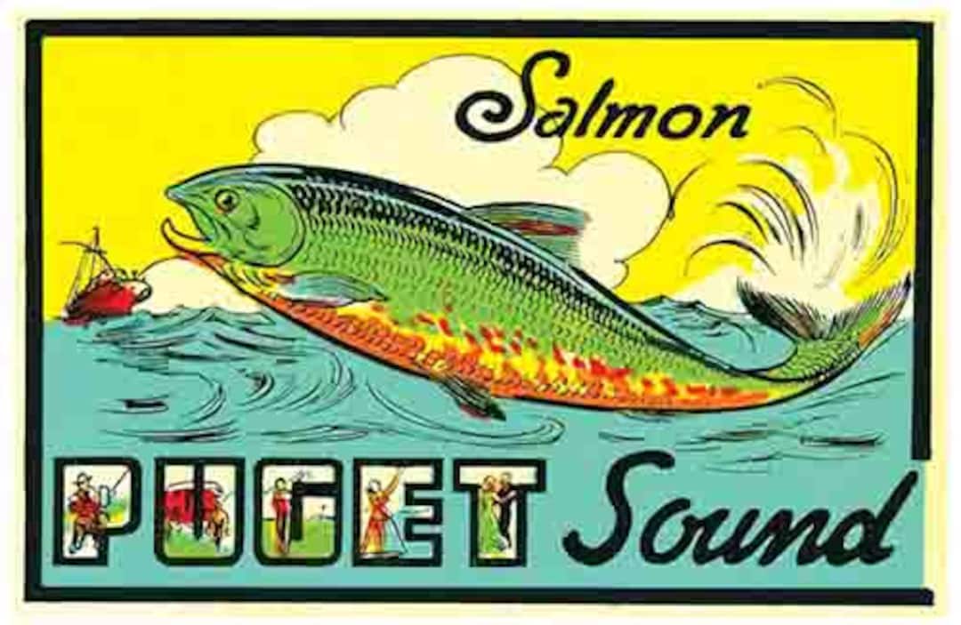 Vintage 1950's Style Puget Sound WA Salmon Fishing Washington Seattle ...