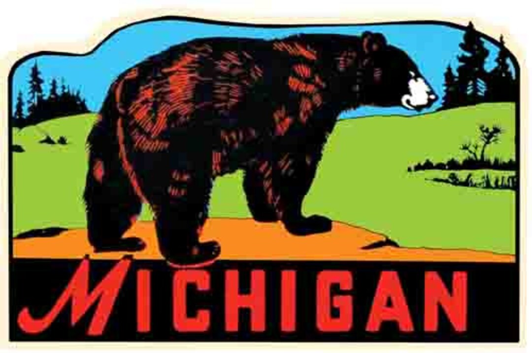 Vintage 1950's Style Michigan Bear Map Great Lakes Retro Travel Decal ...
