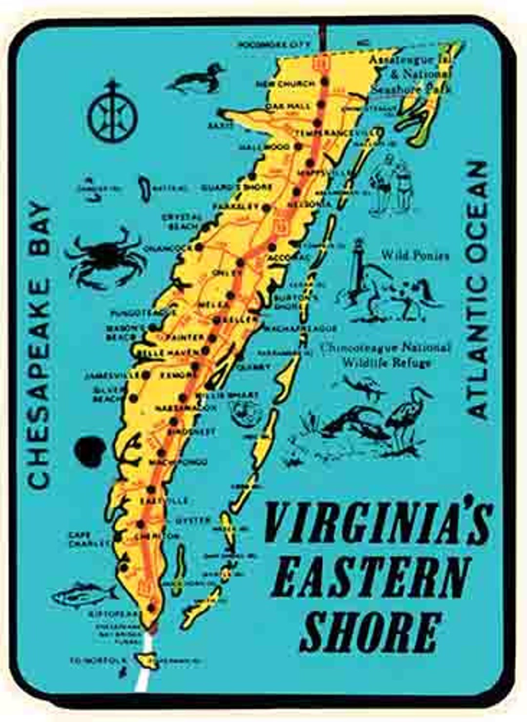 Vintage 1950's Style Virginia State Map Eastern Shore Retro Travel ...