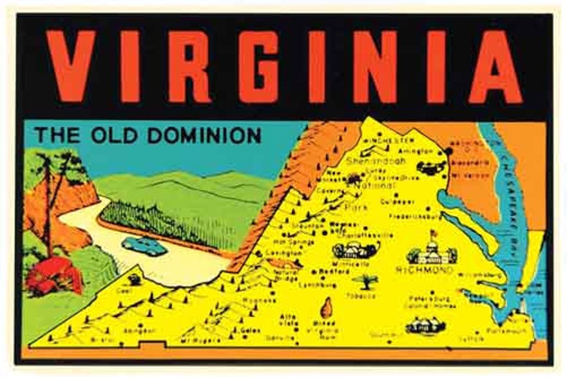 Vintage 1950's Style Virginia State Map the Old Dominion - Etsy