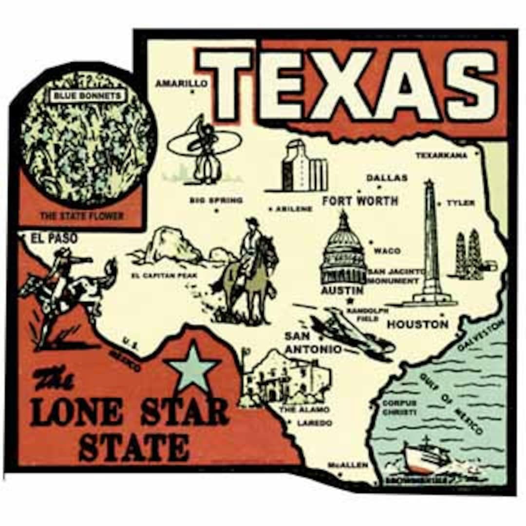 Vintage 1950's Style TX Texas the Lone Star State Map Dallas Houston El ...