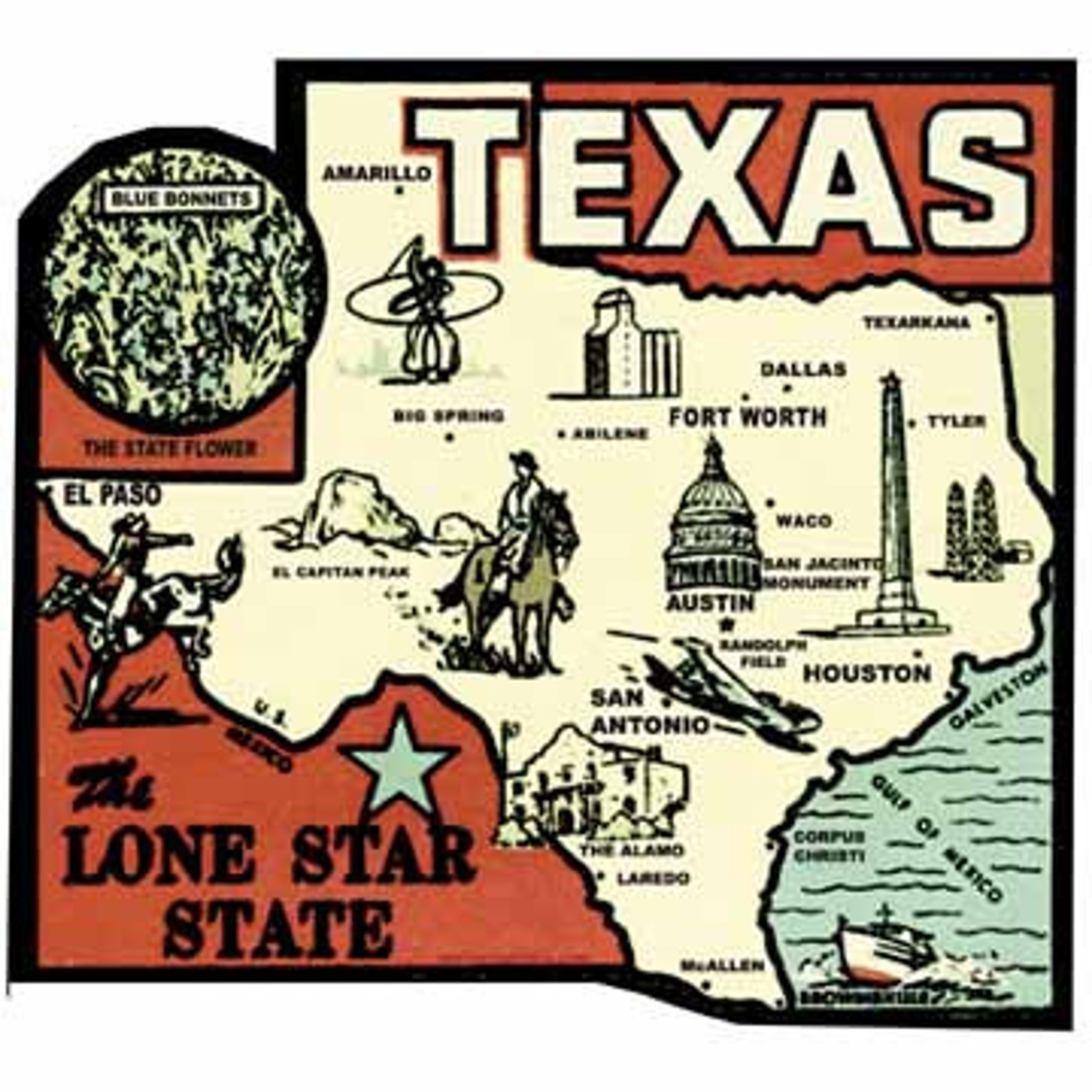 Vintage 1950's Style TX Texas the Lone Star State Map Dallas Houston El ...