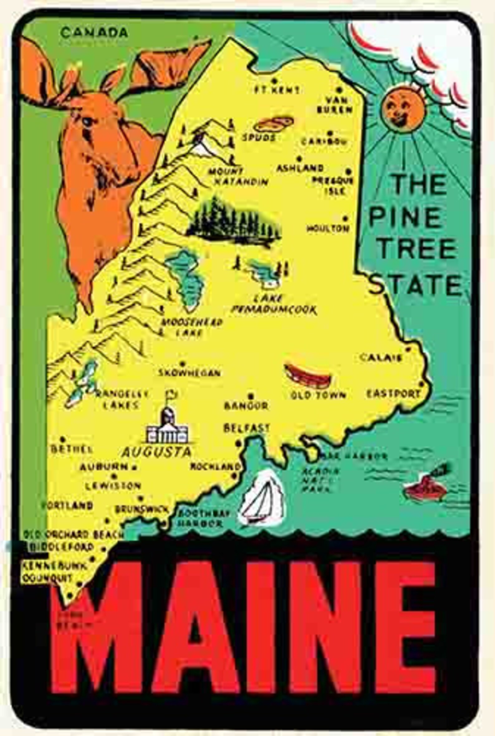 Vintage 1950's Style Maine State Map the Pine Tree State Retro Travel ...