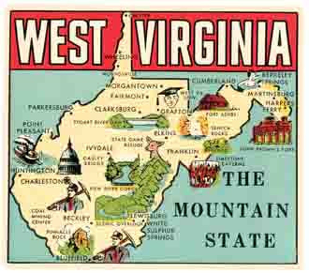 Vintage 1950's Style West Virginia the Mountain State Map WV Retro ...