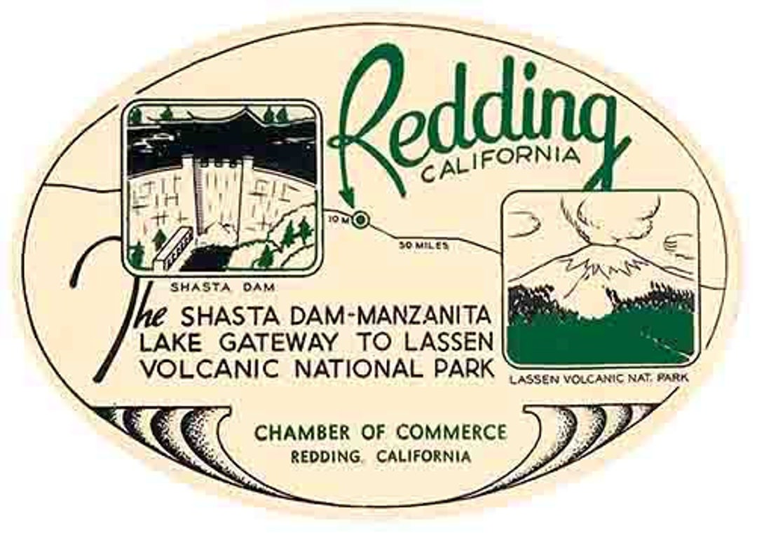 Vintage 1950's Style Redding California CA Oval Mt. Shasta Dam Retro ...
