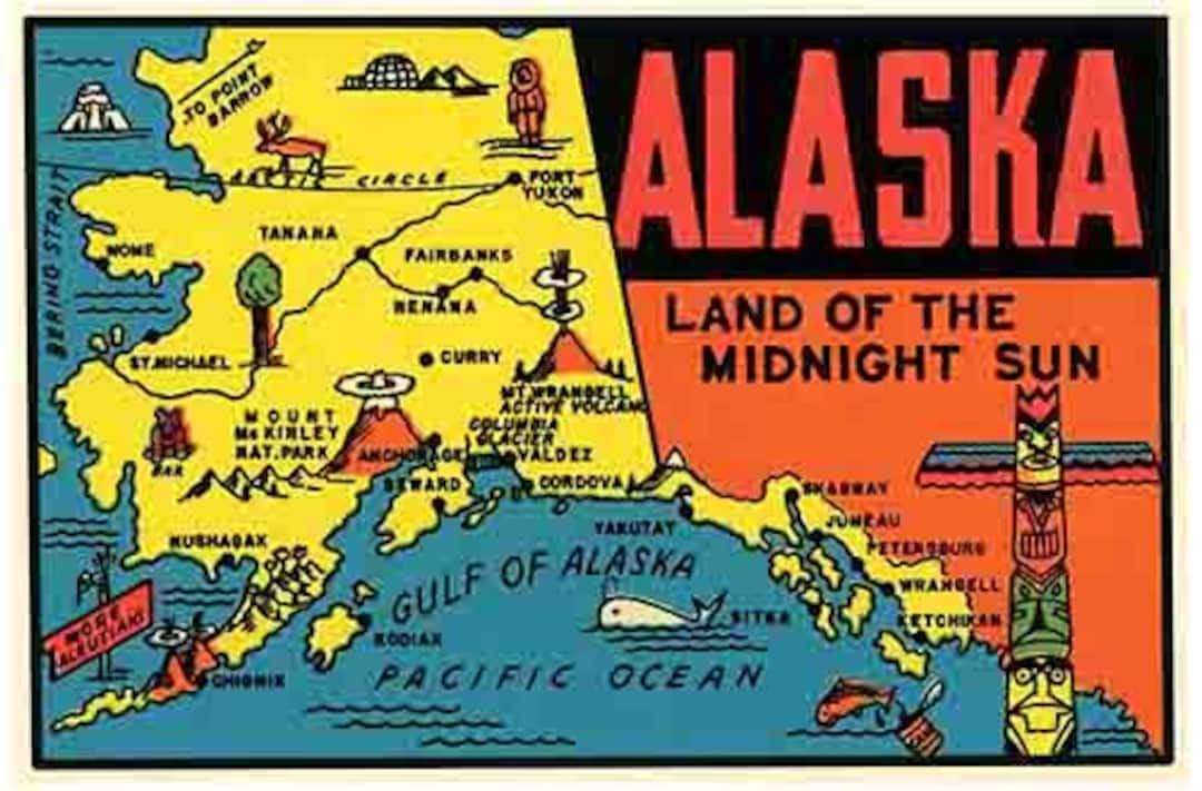 Vintage 1960's Style Alaska Map Anchorage Juneau Retro Travel Decal ...