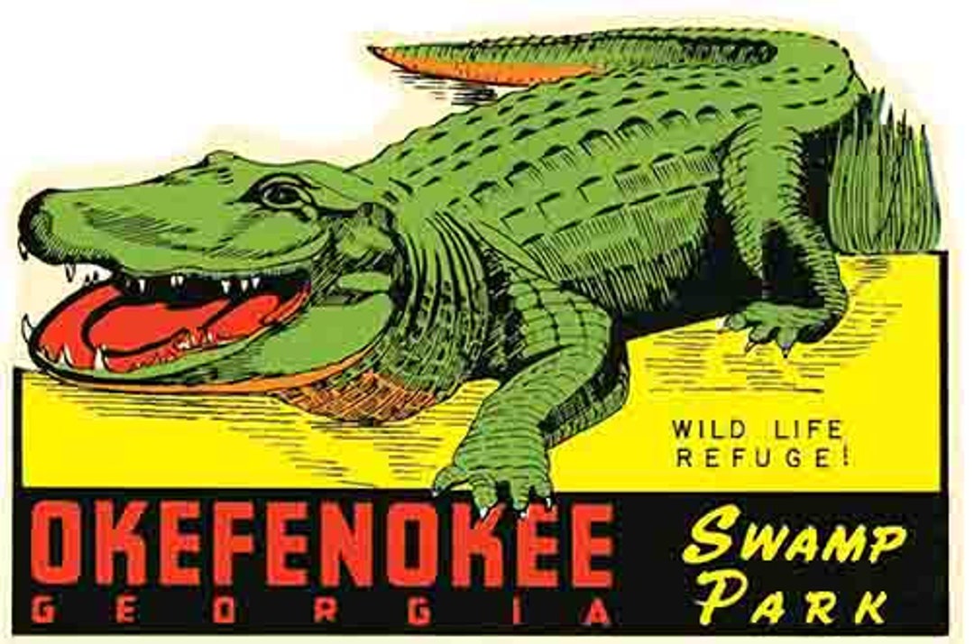 Vintage 1950's Style Okefenokee Swamp Park Alligator GE Georgia Map ...