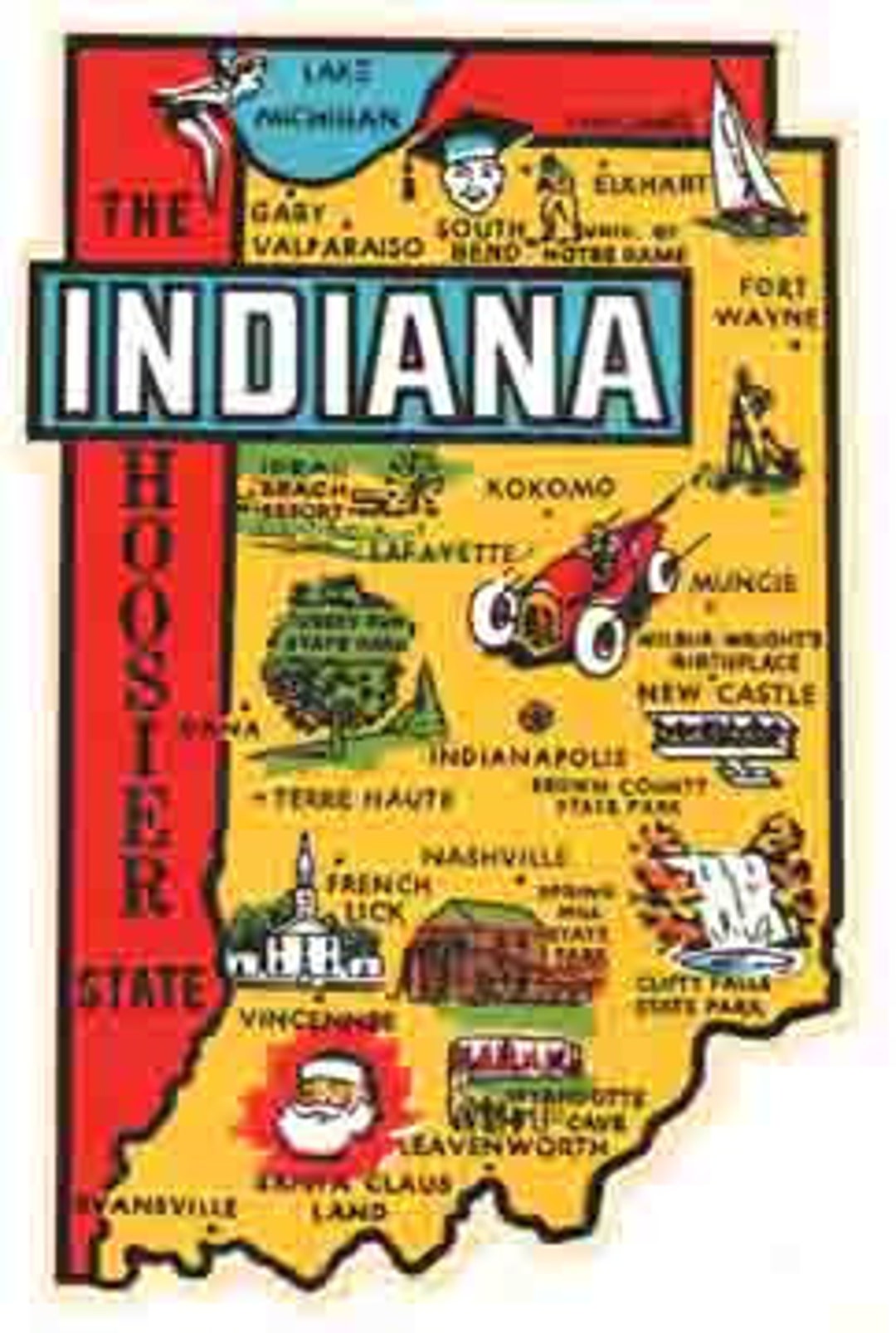 Vintage 1950's Style Indiana the Hoosier State Map Retro Travel Decal ...