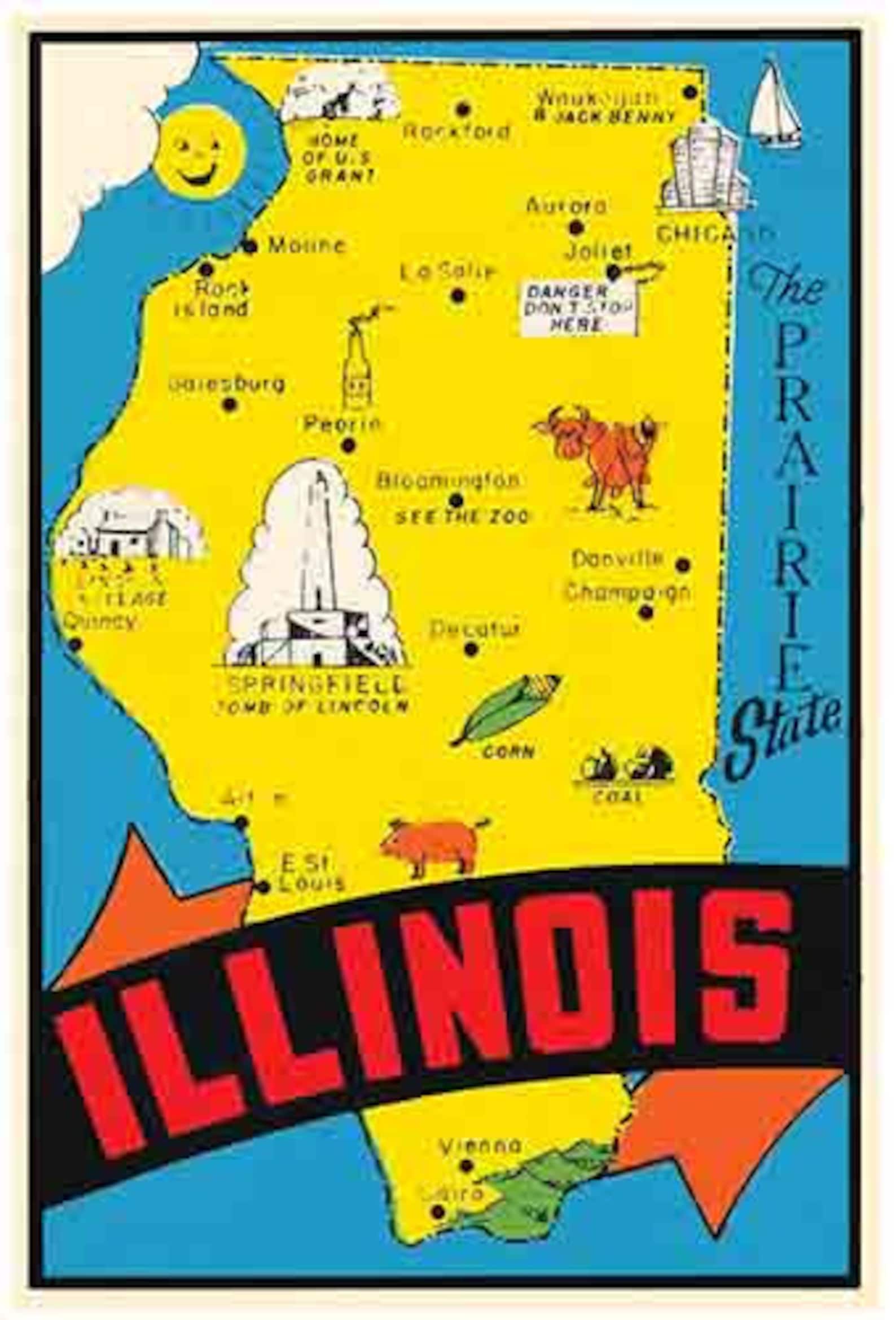 Vintage 1950's Style Illinois Chicago State Map Retro | Etsy