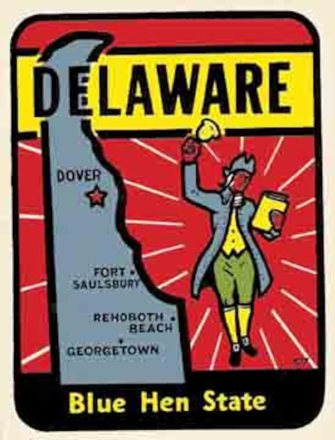 Vintage 1950's Style Delaware the Blue Hen State Map Retro Travel Decal ...