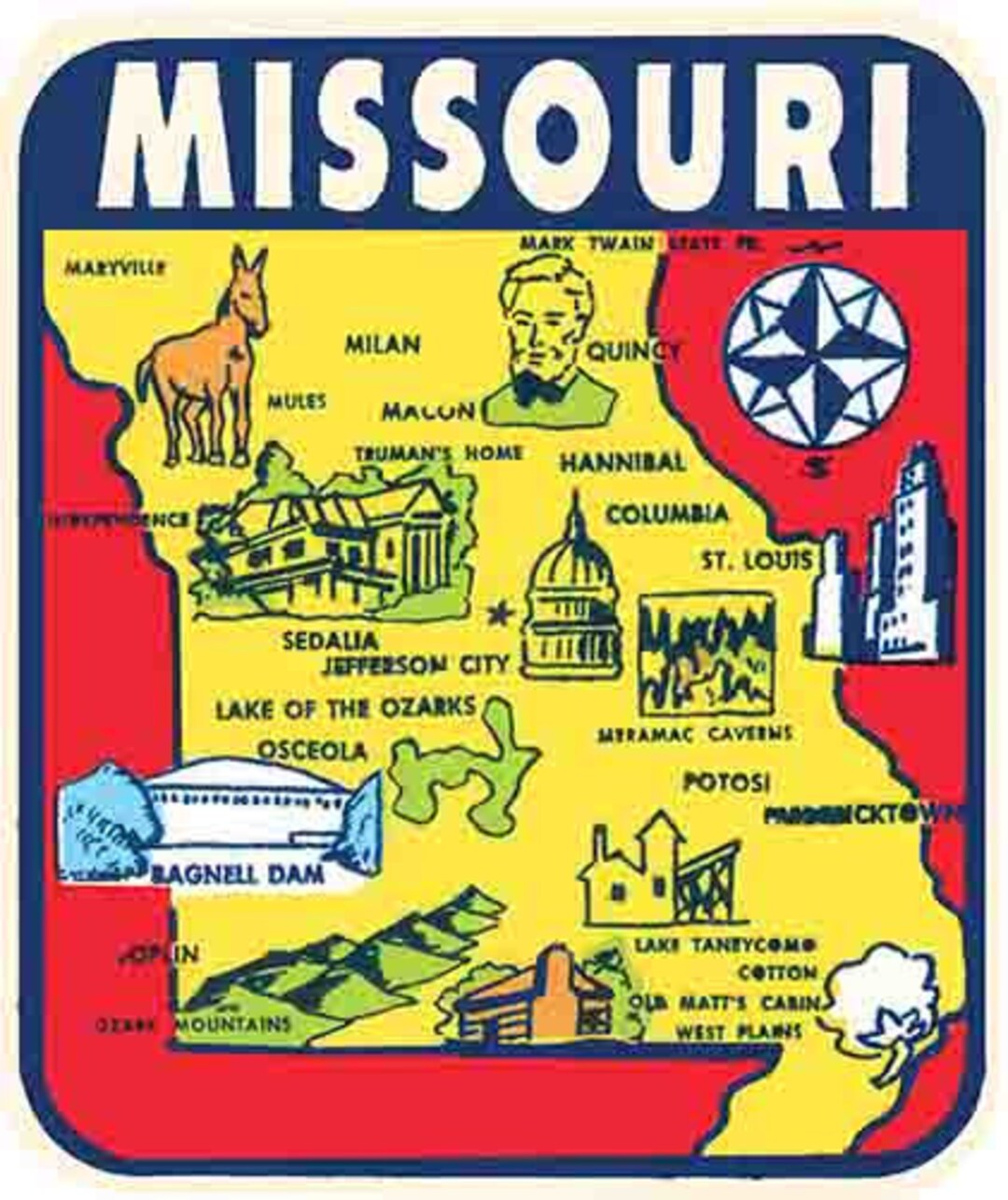 Vintage 1950's Style St. Louis MO Missouri Show Me State Map Retro ...