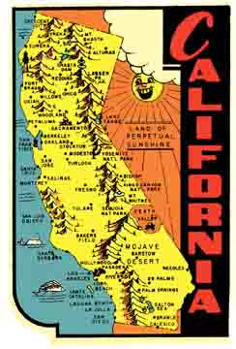 Vintage 1950's Style California CA State Map Land of - Etsy
