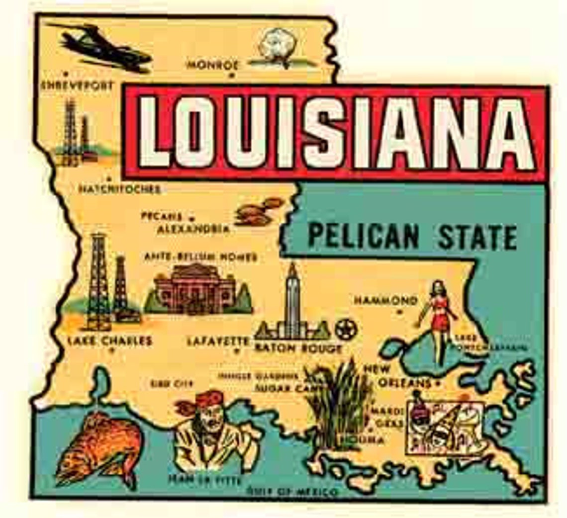 Vintage 1950's Style Louisiana State Map New Orleans Baton - Etsy