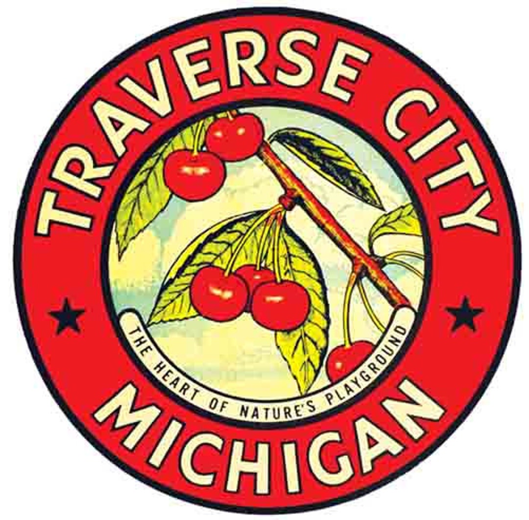 Vintage 1960's Style Traverse City Michigan MI Great Lakes Retro Travel Decal Sticker State Map ...