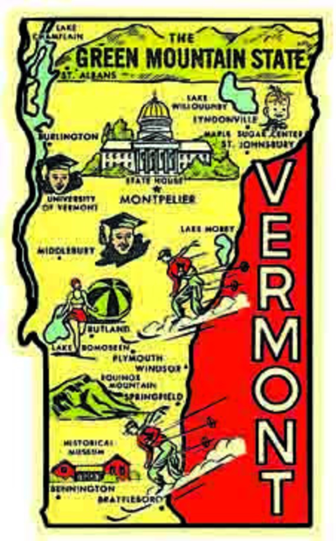 Vintage 1950's Style Vermont VT Green Mountain State Map - Etsy