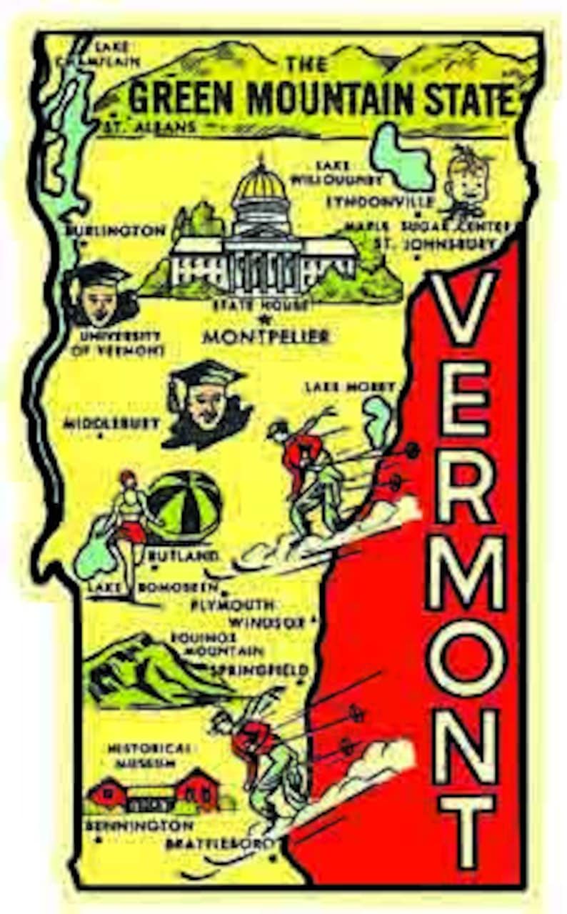 Vintage 1950's Style Vermont VT Green Mountain State Map - Etsy