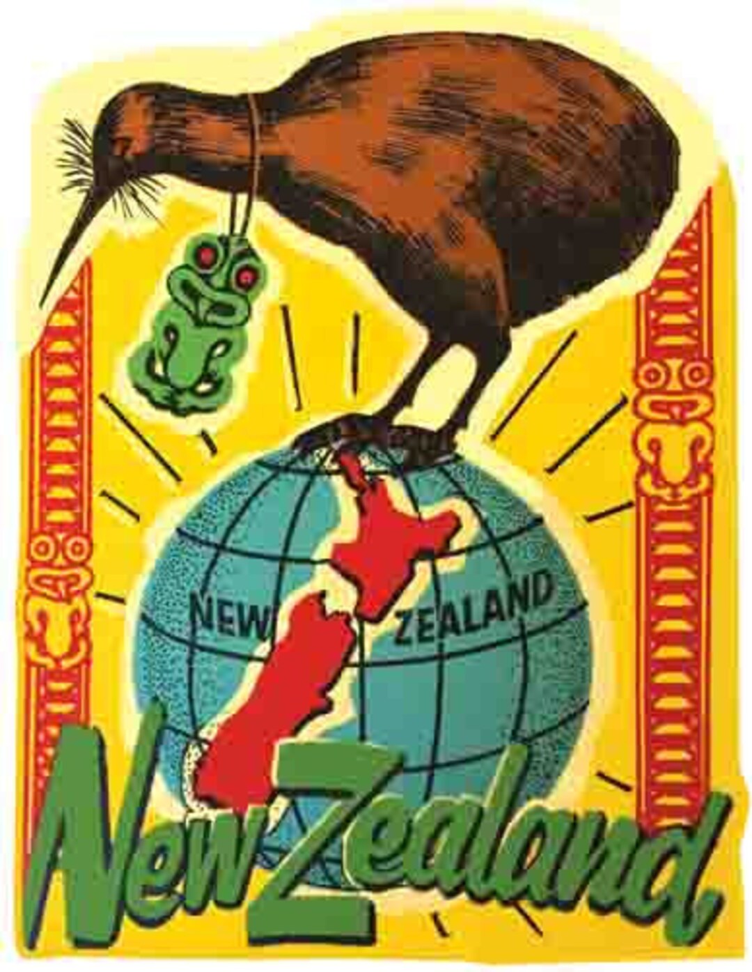 Vintage 1950's Style New Zealand Retro Travel Decal Sticker State Map ...