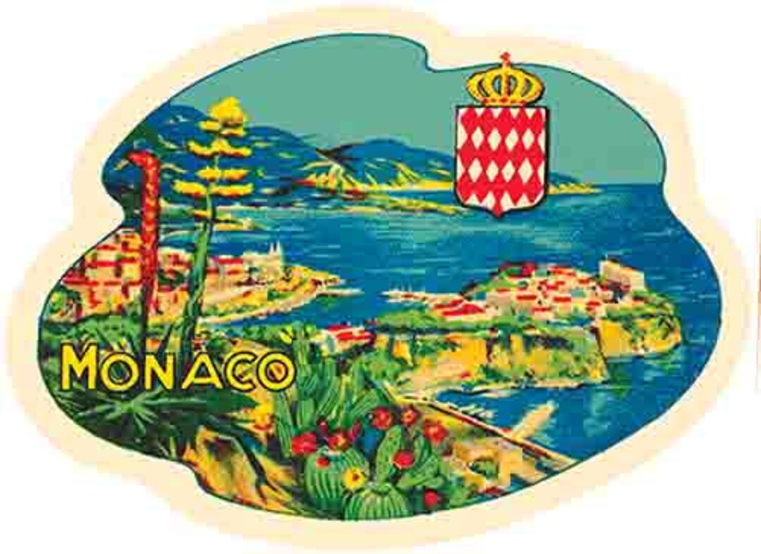 Vintage 1950's Style Monaco France Retro Travel Decal Sticker State Map ...