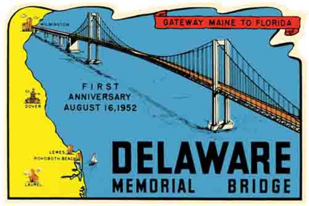 Vintage 1960's Style Delaware Memorial Bridge DE Retro Travel Decal ...