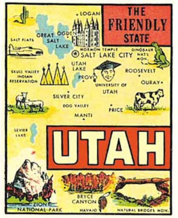 Vintage 1950's Style Utah the Friendly State Map Salt Lake | Etsy
