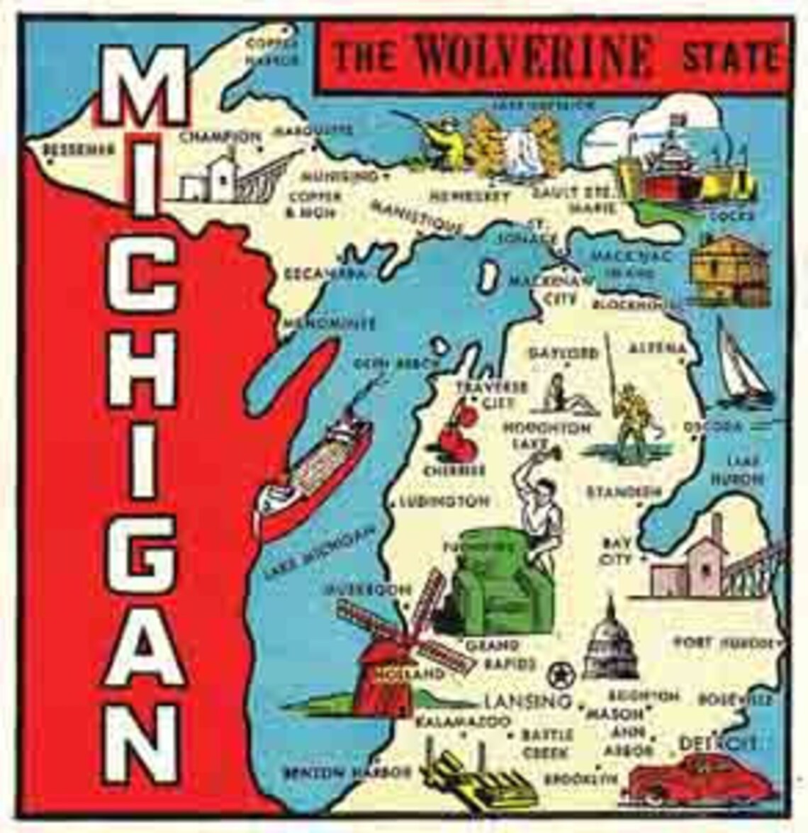 Vintage 1950's Style Michigan the Wolverine State Map Great Lakes Retro ...