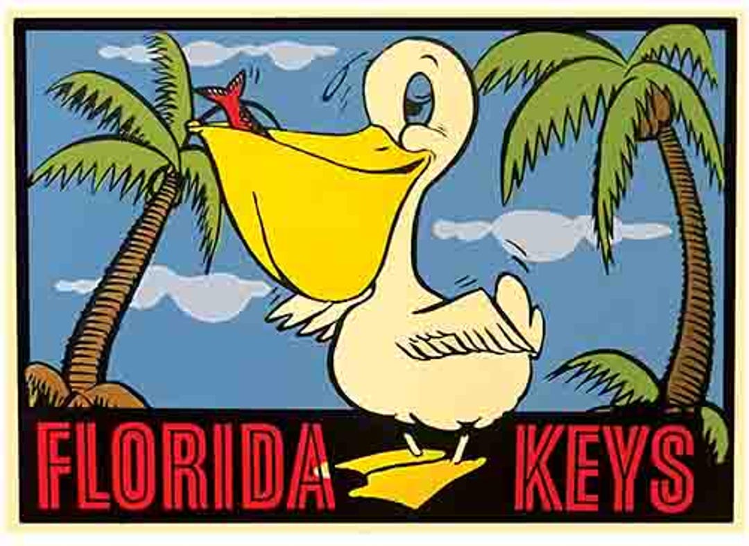 Vintage 1950's Style Florida Keys Cartoon Pelican Key West FL Retro ...