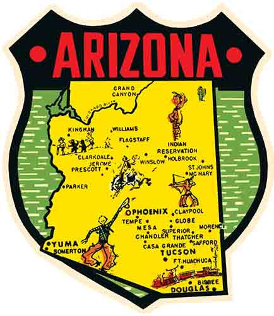 Vintage 1960's Style Arizona Shield Map National Park AZ Retro Travel ...