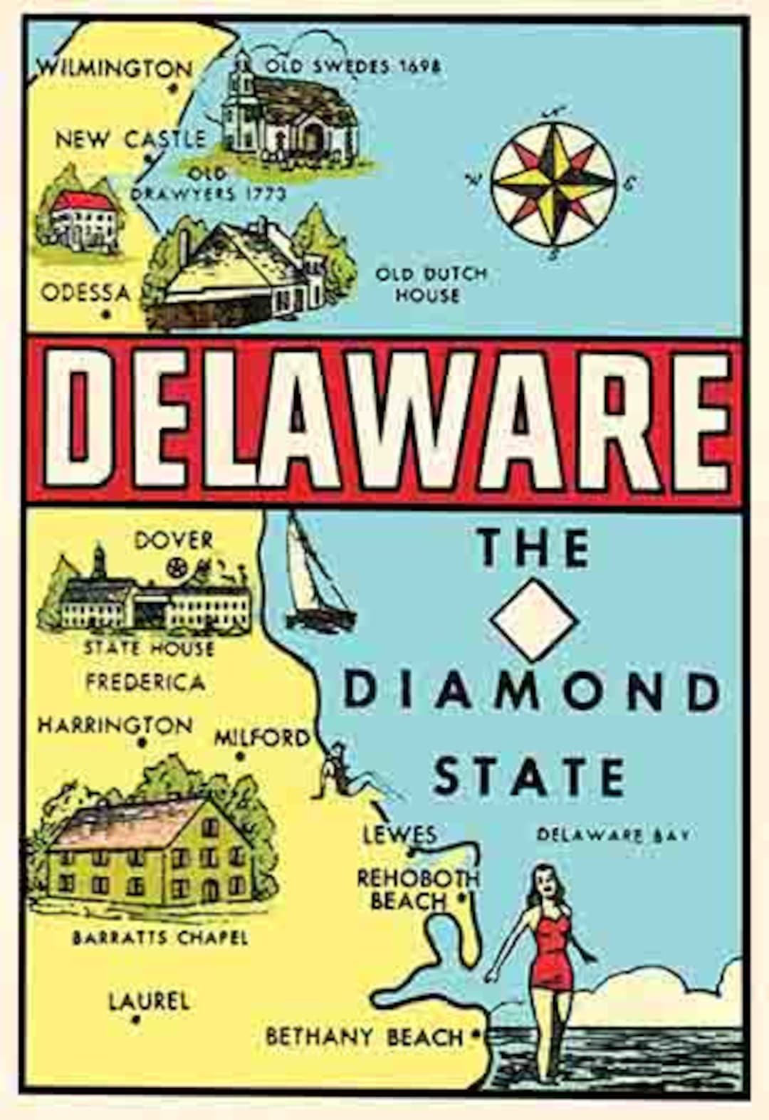 Vintage 1950's Style Delaware the Diamond State Retro Travel Decal ...