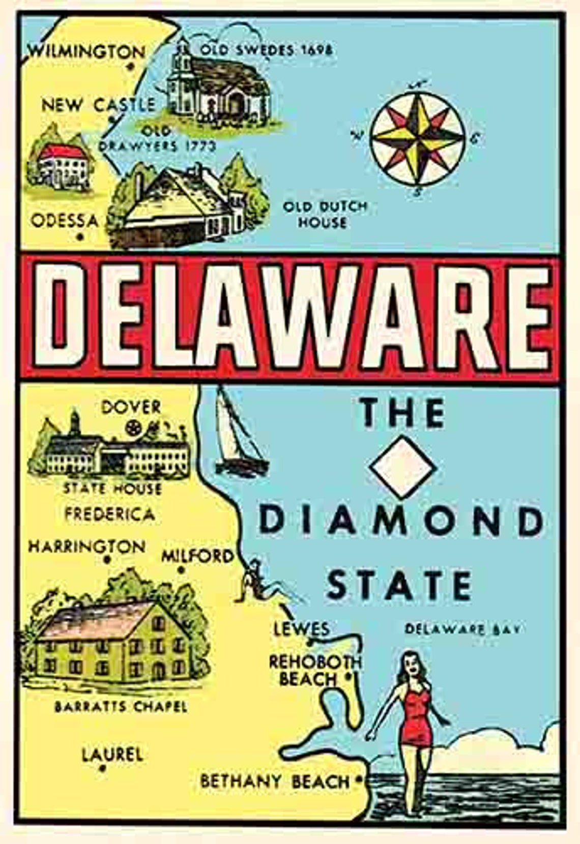 Vintage 1950's Style Delaware the Diamond State Retro Travel Decal ...